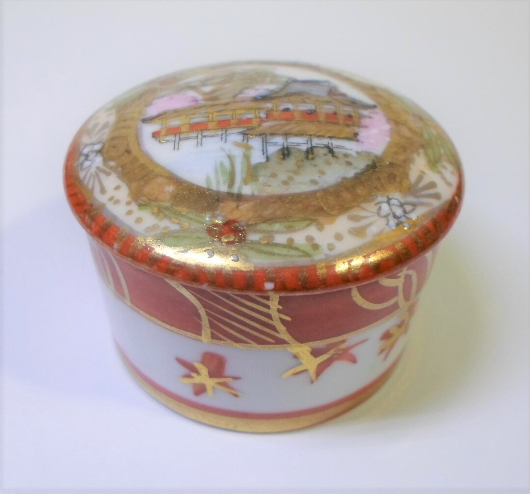 Antique NIPPON SATSUMA RING / Trinket Box Garden Pavilion Hand Painted ...