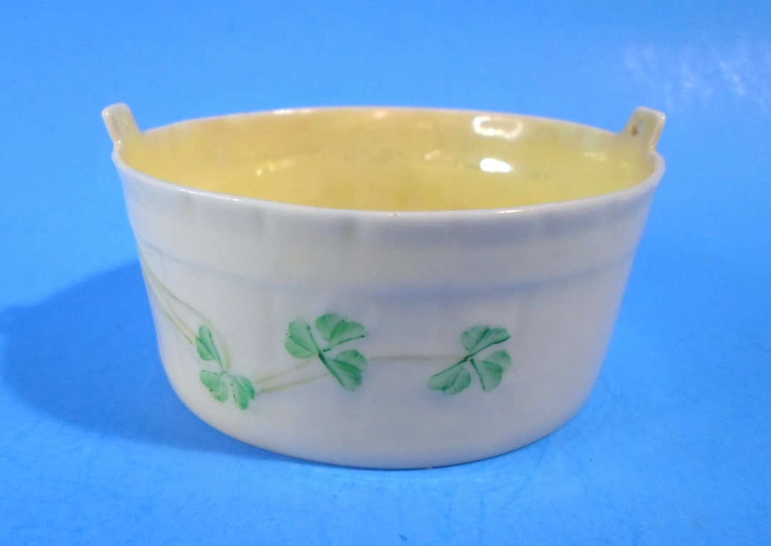 Vintage BELLEEK Open BUTTER TUB Shamrocks 5th Green Mark Painted ...