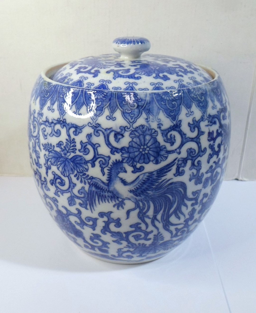 Antique PHOENIX Ware BISCUIT JAR Flying Turkey Blue and White Porcelain ...