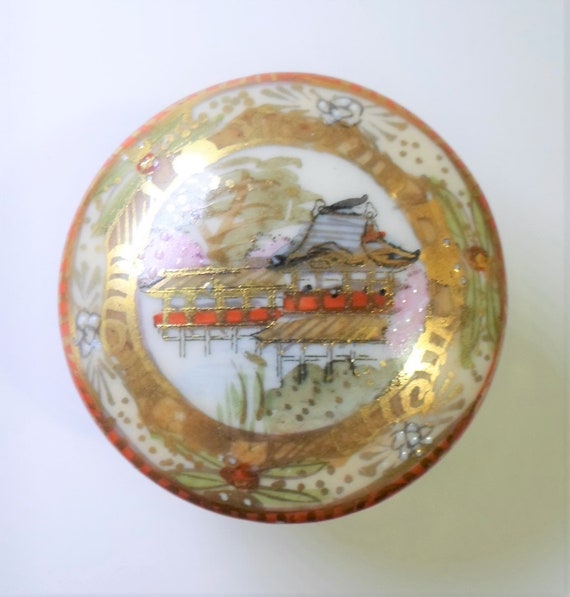 Antique NIPPON SATSUMA RING / Trinket Box Garden Pavi… - Gem