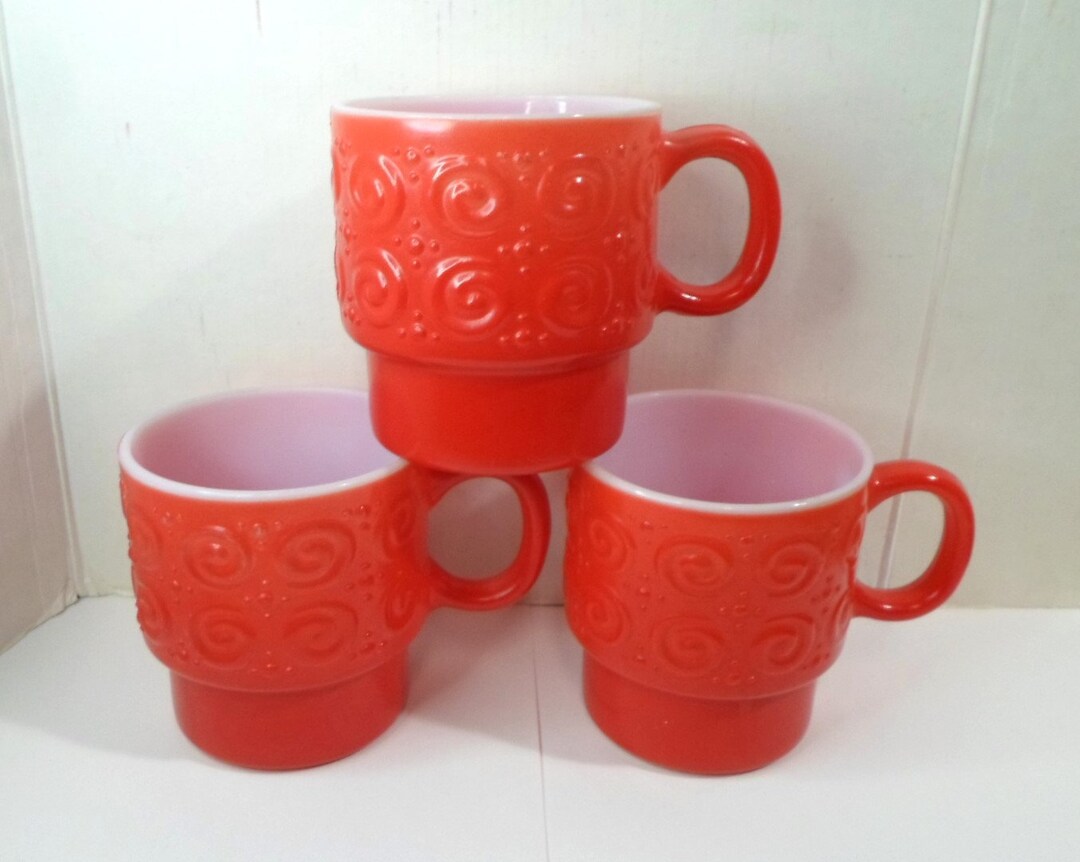 3 Vintage HAZEL ATLAS MUGS Scroll & Dots Milk Glass Fired on Red ...