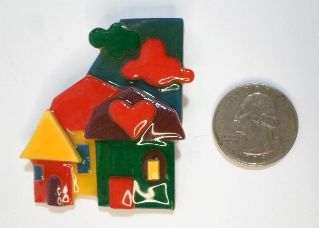 Vintage HOUSE PINS by LUCINDA House With Heart Green Red Yellow Labeled ...