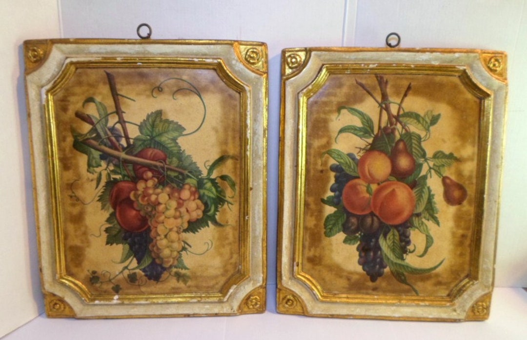 Pair PLASTER FRUIT PLAQUES Fancy Rustic Gold & Cream Trim 11 X 9 Gilt ...