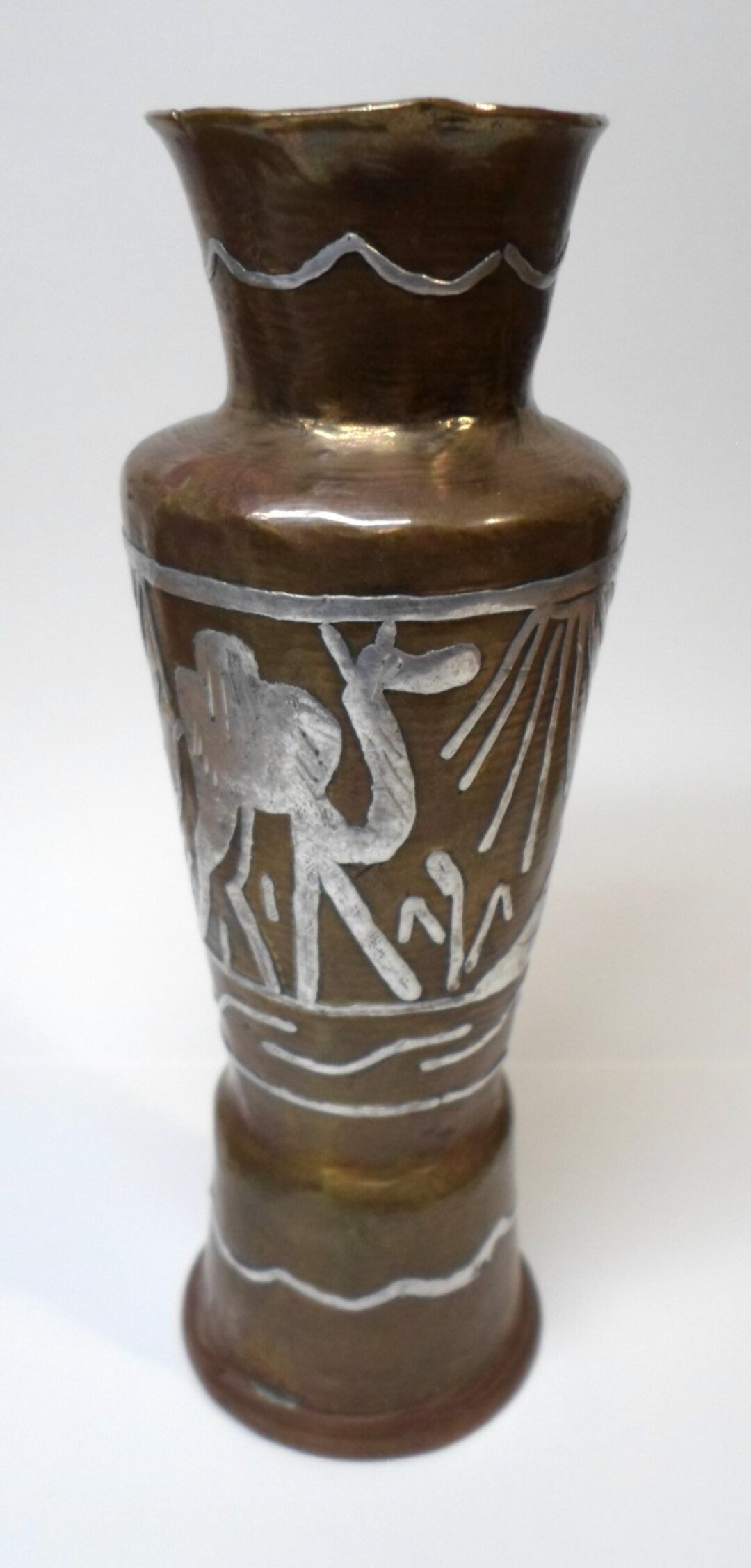 Vintage EGYPTIAN BUD VASE W/ Camel Pyramids Palm Tree Silver on Copper ...