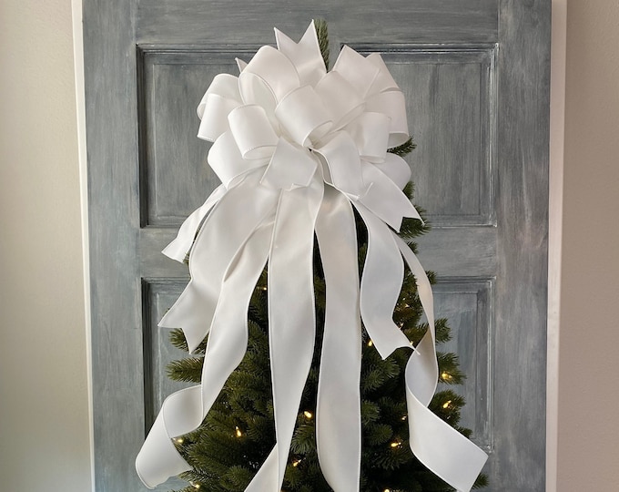 White Velvet Christmas Tree Topper Bow With Long Streamers, Winter ...