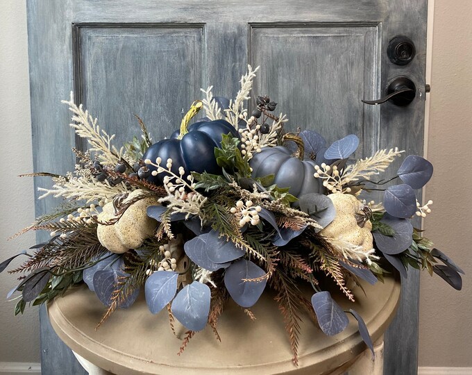 Large Blue Fall Centerpiece With Pumpkins, Island Centerpiece for Fall ...