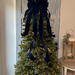 Navy Blue Velvet Christmas Tree Topper Bow With Long Streamers ...