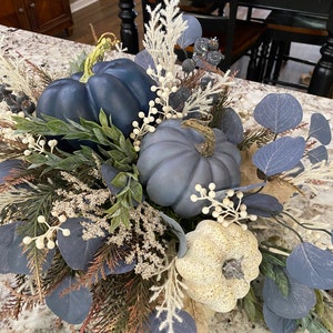 Large Blue Fall Centerpiece With Pumpkins Island Centerpiece - Etsy