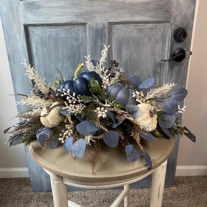 Large Blue Fall Centerpiece With Pumpkins Island Centerpiece - Etsy