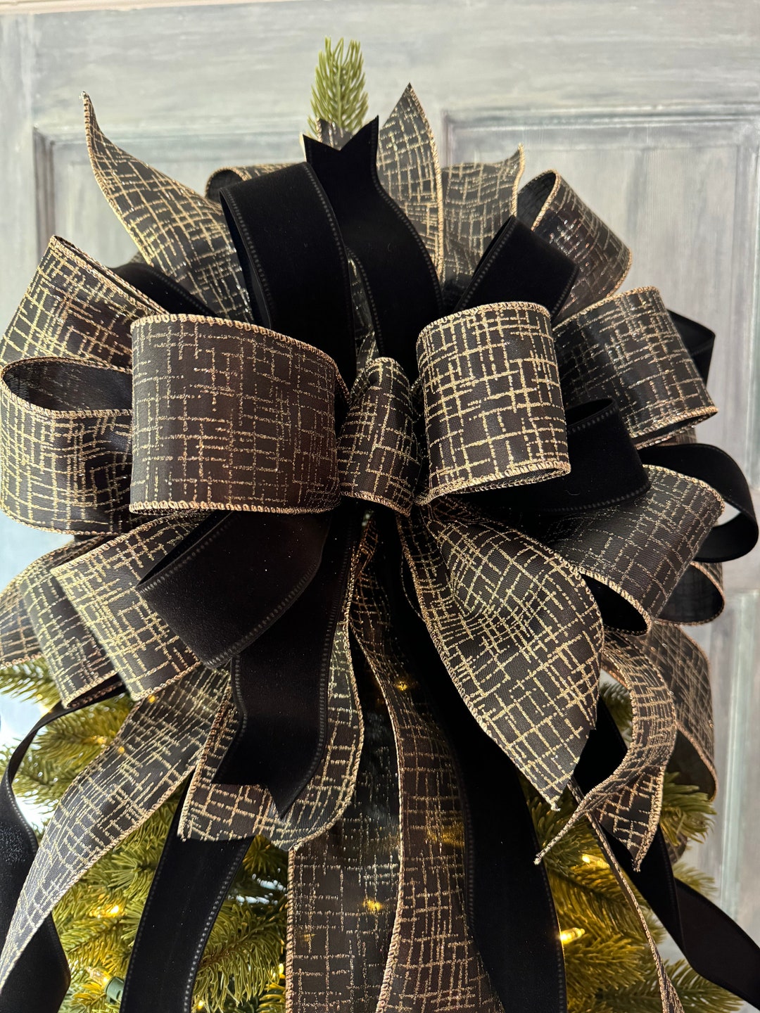 XL Black Velvet and Gold Christmas Tree Topper Bow, Elegant Tree Topper ...