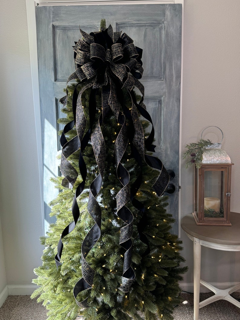 XL Black Velvet & Gold Christmas Tree Topper Bow With Long Streamers ...
