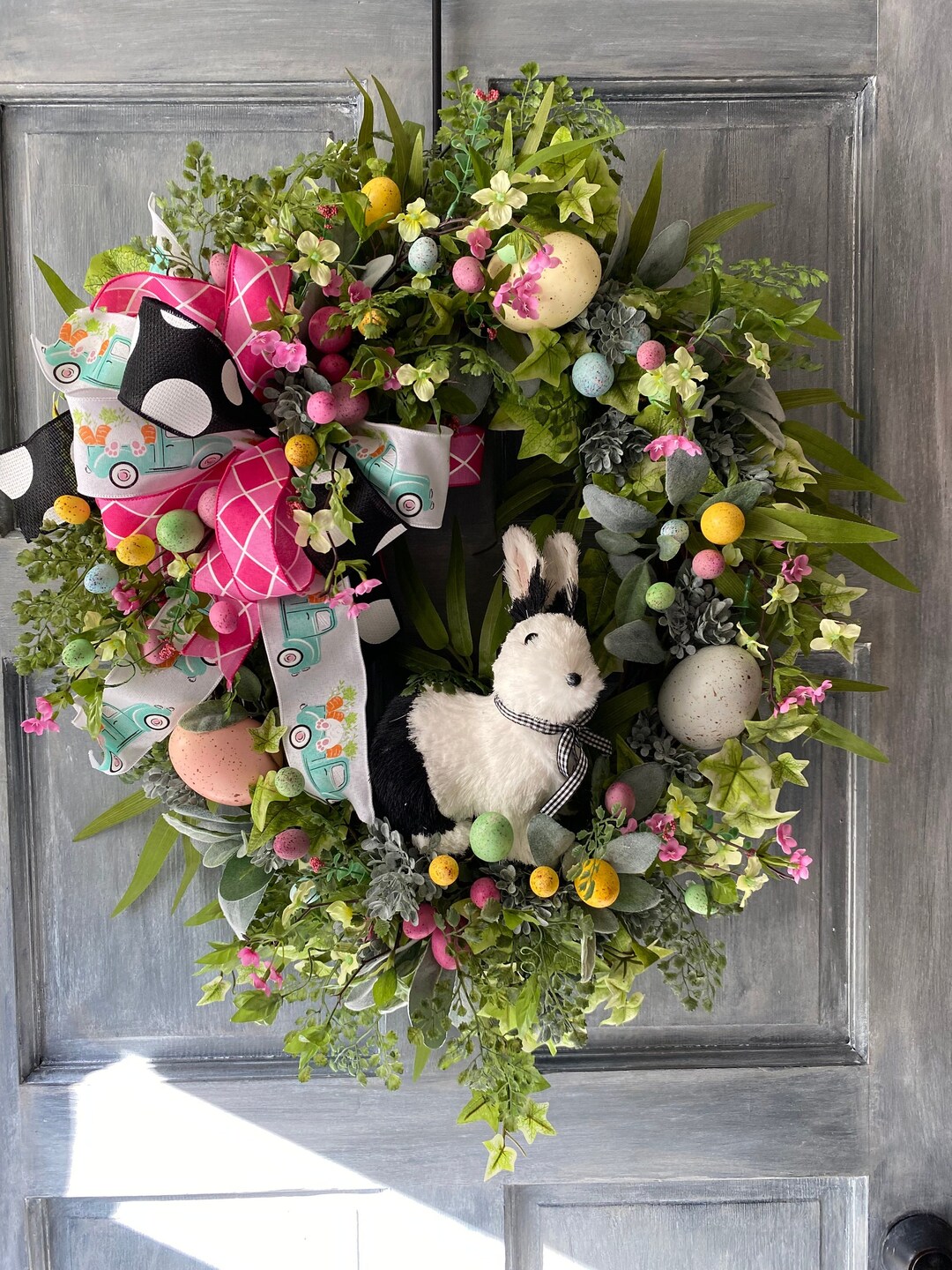 Spring Rabbit and Egg Door Decoration, Easter Egg Wreath With Bunny for ...