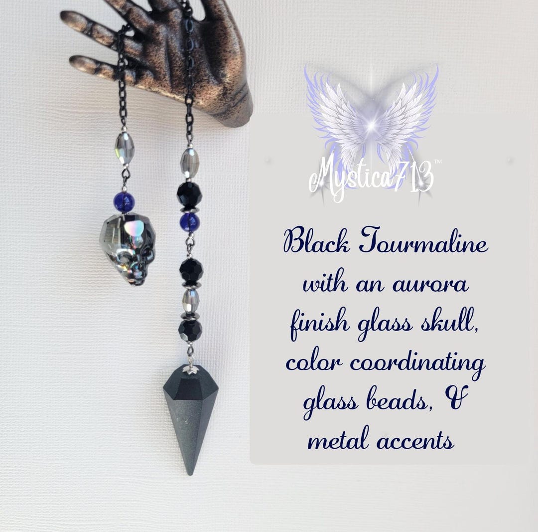 Black Tourmaline Pendulum With Aurora Glass Crystal Skull Unique ...