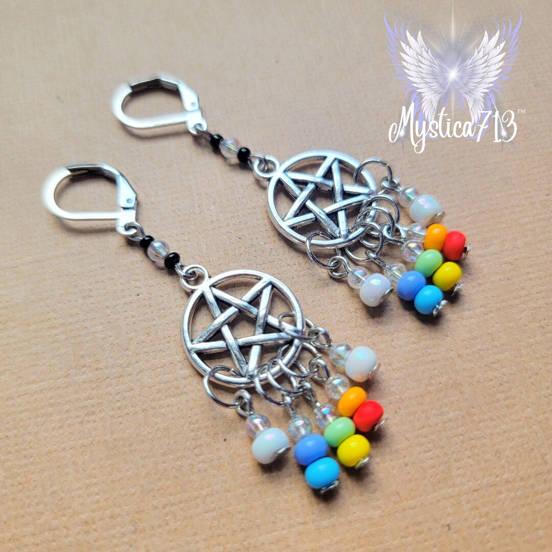 Rainbow Pentacle Dangle Earrings for Tunnel Gauges and Standard Pierced ...