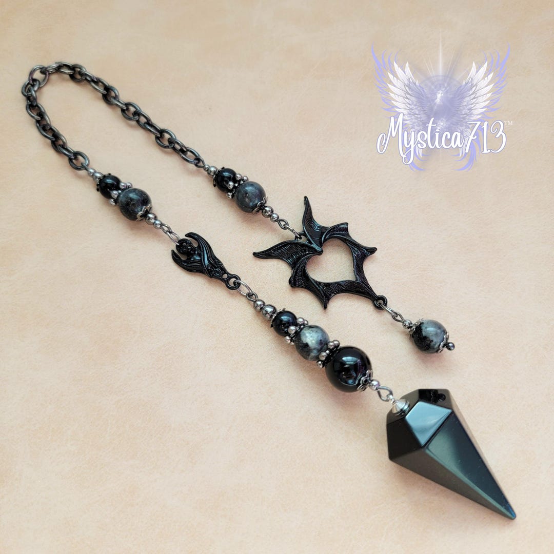 Gothic & Black Pendulum With Larvikite and Agate and Bat Wing and Bat ...