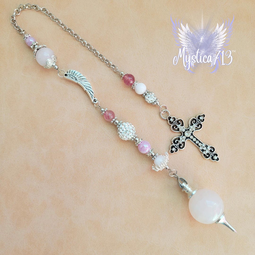 Gothic Cross and Angel Wing Pendulum With Rose Quartz and Pink Mangano ...