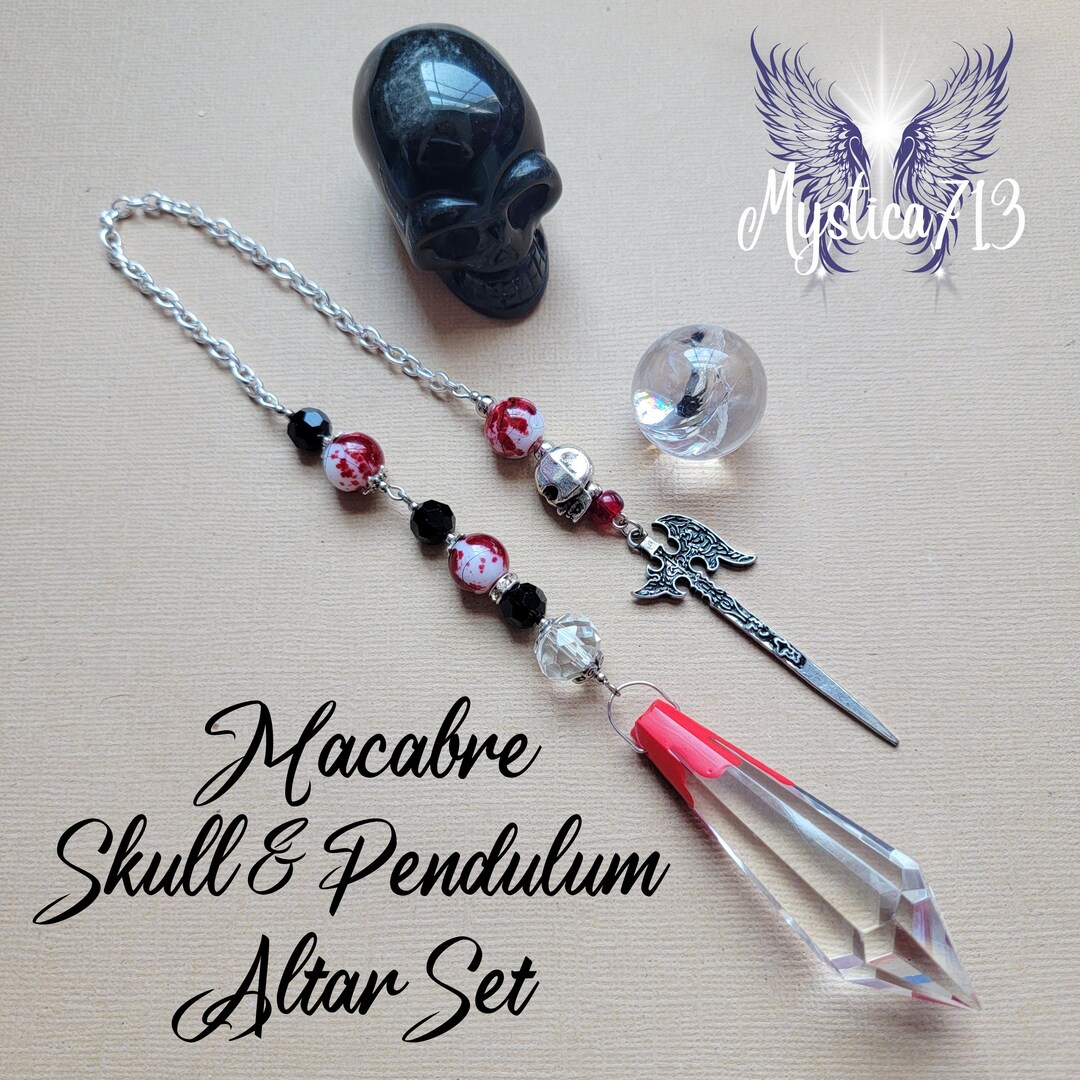 Macabre Crystal Prism Pendulum Altar Set With Sheen Obsidian Skull and Rainbow Quartz Sphere ...