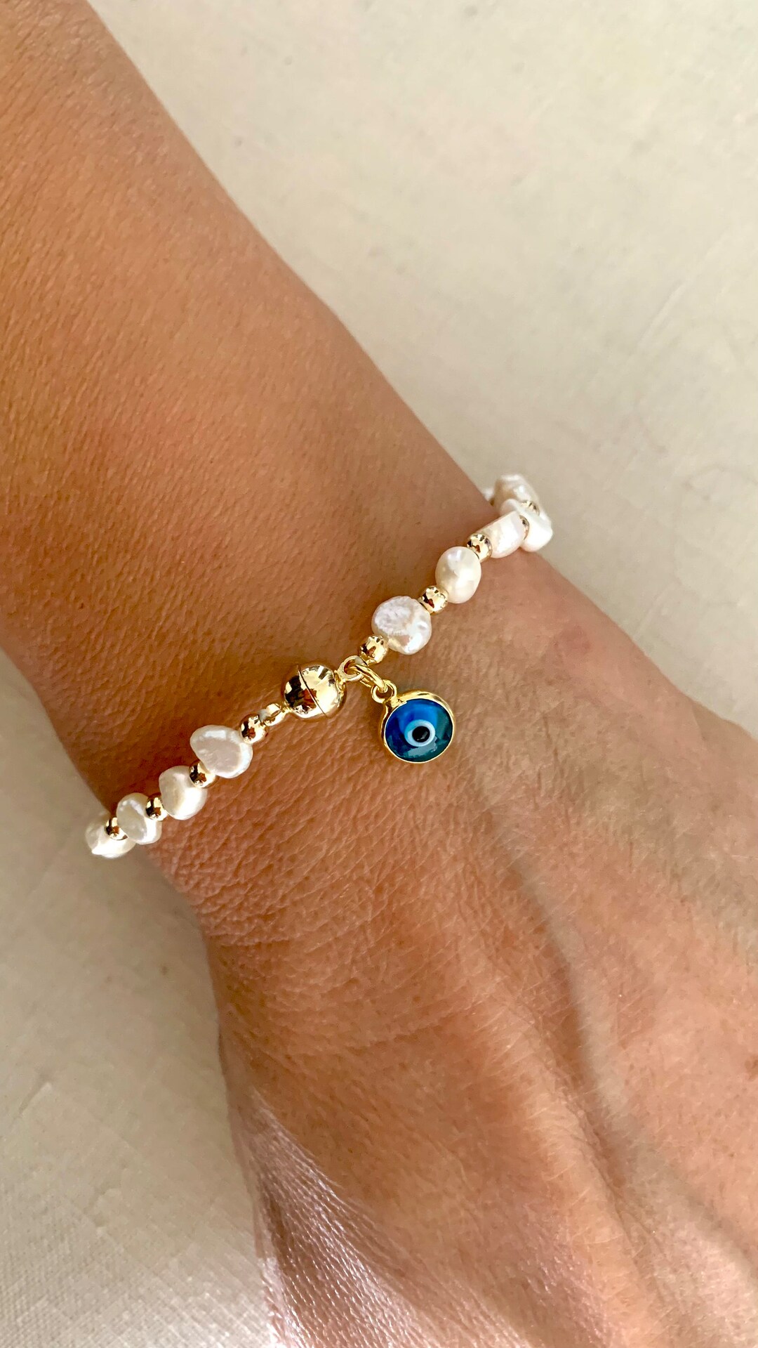 Pearl Beaded Bracelet, Vintage Baroque Pearl Bracelet, Gold Evil Eye ...