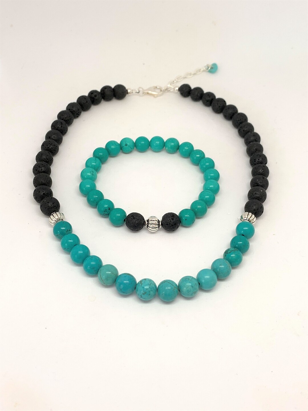 Turquoise kralen ketting zwarte lava gelaagdheid ketting - Etsy Nederland
