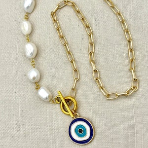 Pearl Beaded Evil Eye Necklace, Paperclip Chain Necklace, Evil Eye ...