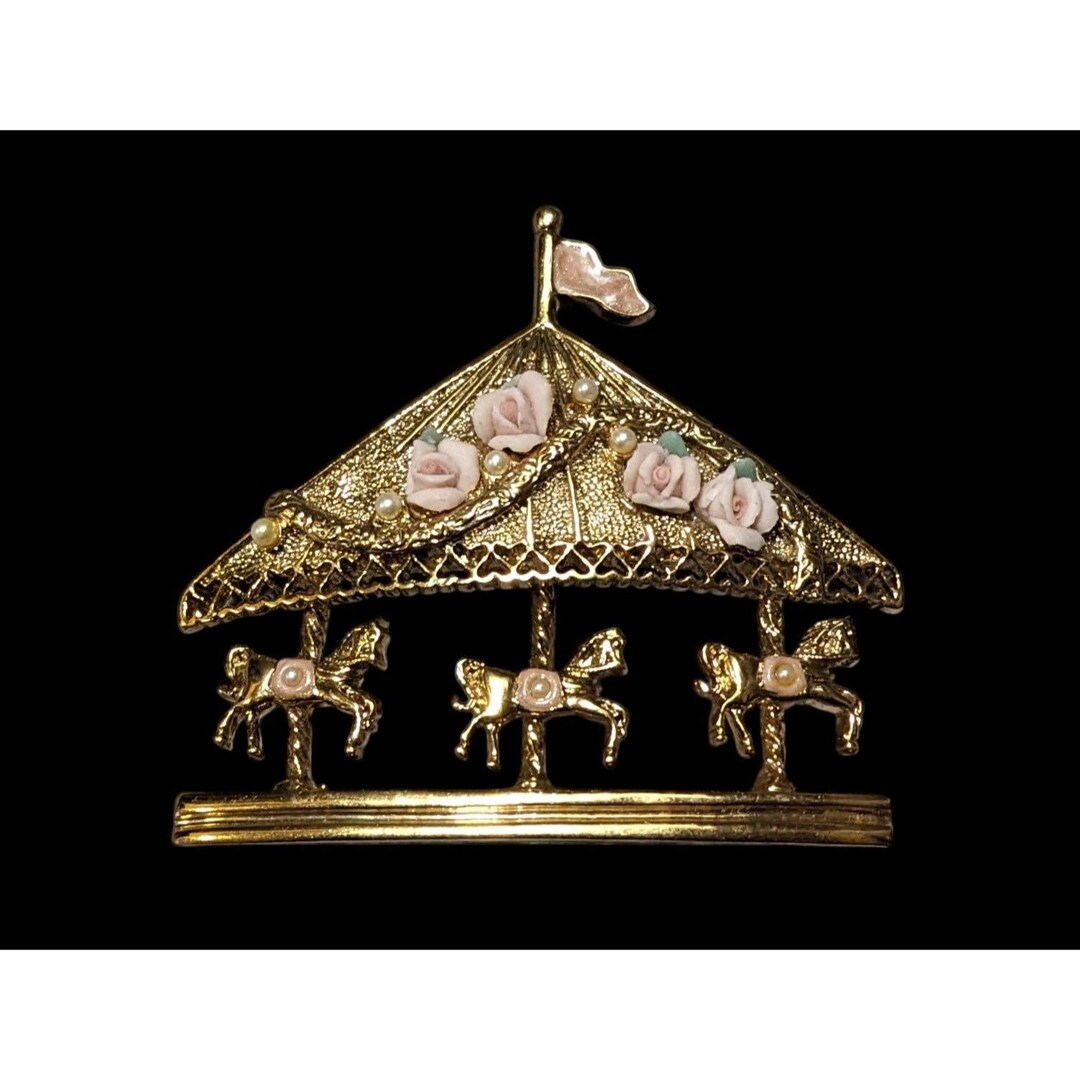 Vintage Gold Tone Pink Floral Carousel Brooch - Etsy
