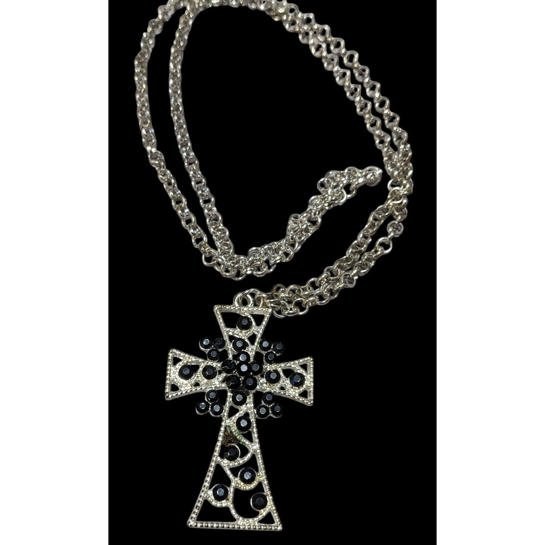 Vintage Glam Goth Black and Silver Tone Rhinestone Cross Necklace - Etsy