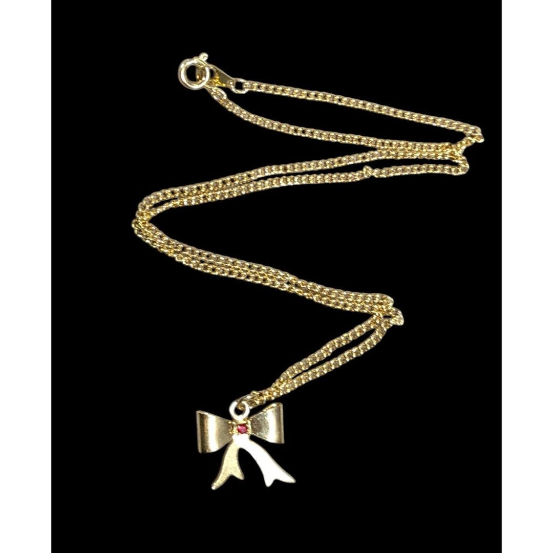 Vintage Dainty Coquette Gold Tone Bow Necklace With Red Gem - Etsy