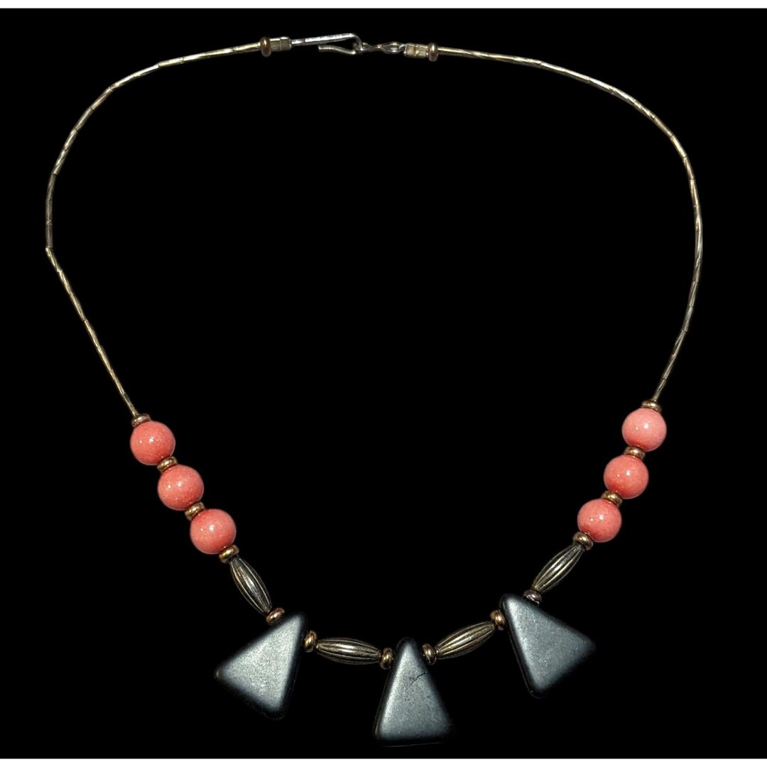 Vintage Geometric Onyx Pink Gem and Silver Tone Beaded Necklace - Etsy
