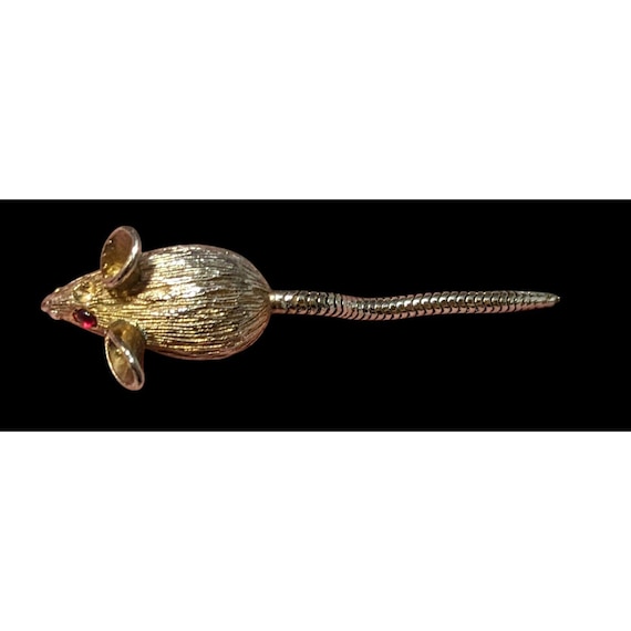 Vintage Gold Tone Mouse Pin With Articulated Tail - Gem