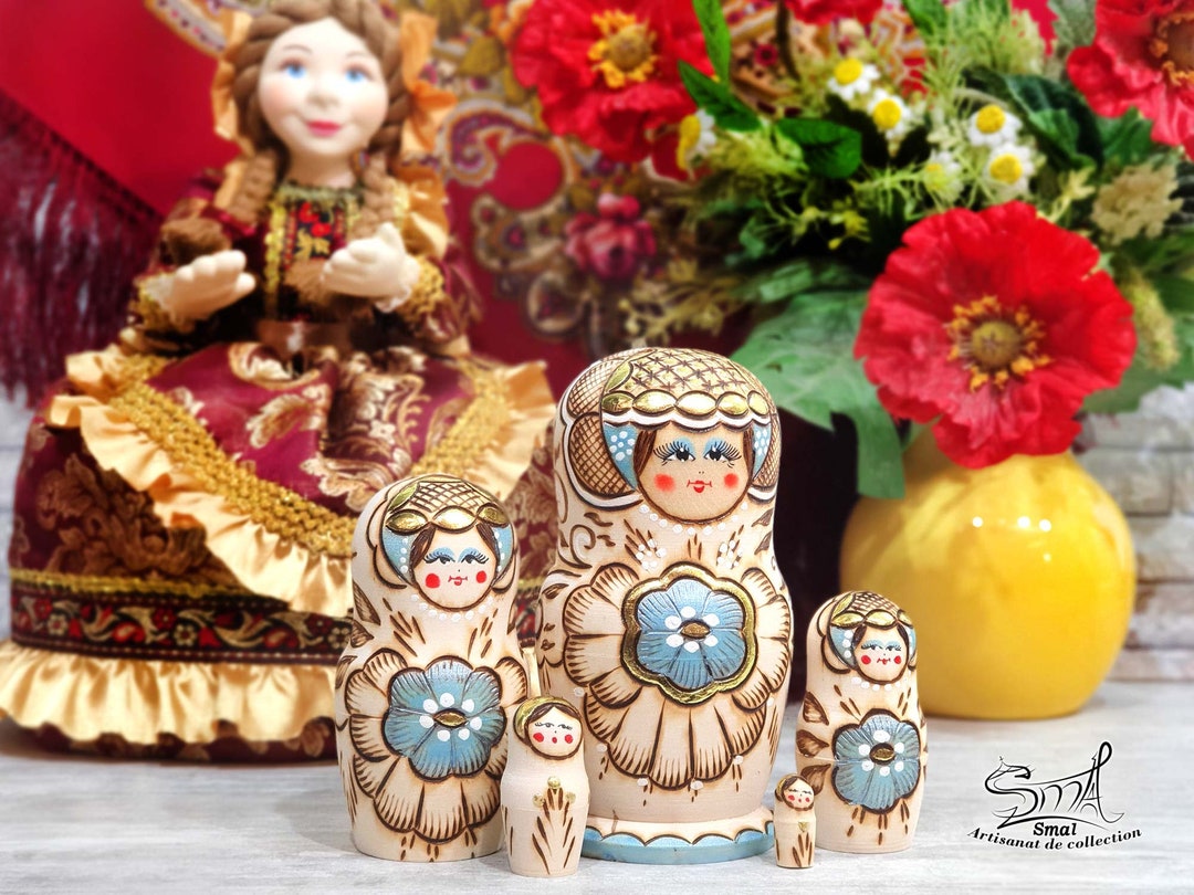 Wood Burned Matryoshka Russian Nesting Dolls Flowers. Matryoshka ...
