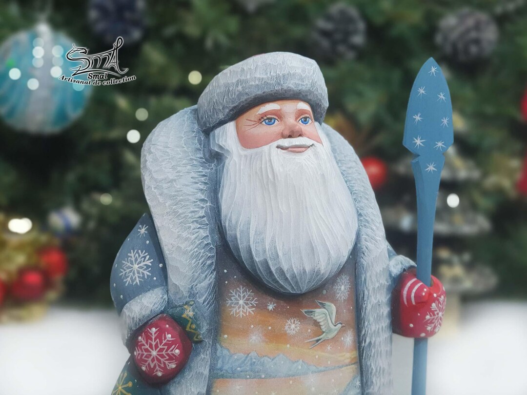 Hand-carved Wooden Santa Claus Saint Nicholas Figurine, Ded Moroz. Decorated With Polar Bears ...