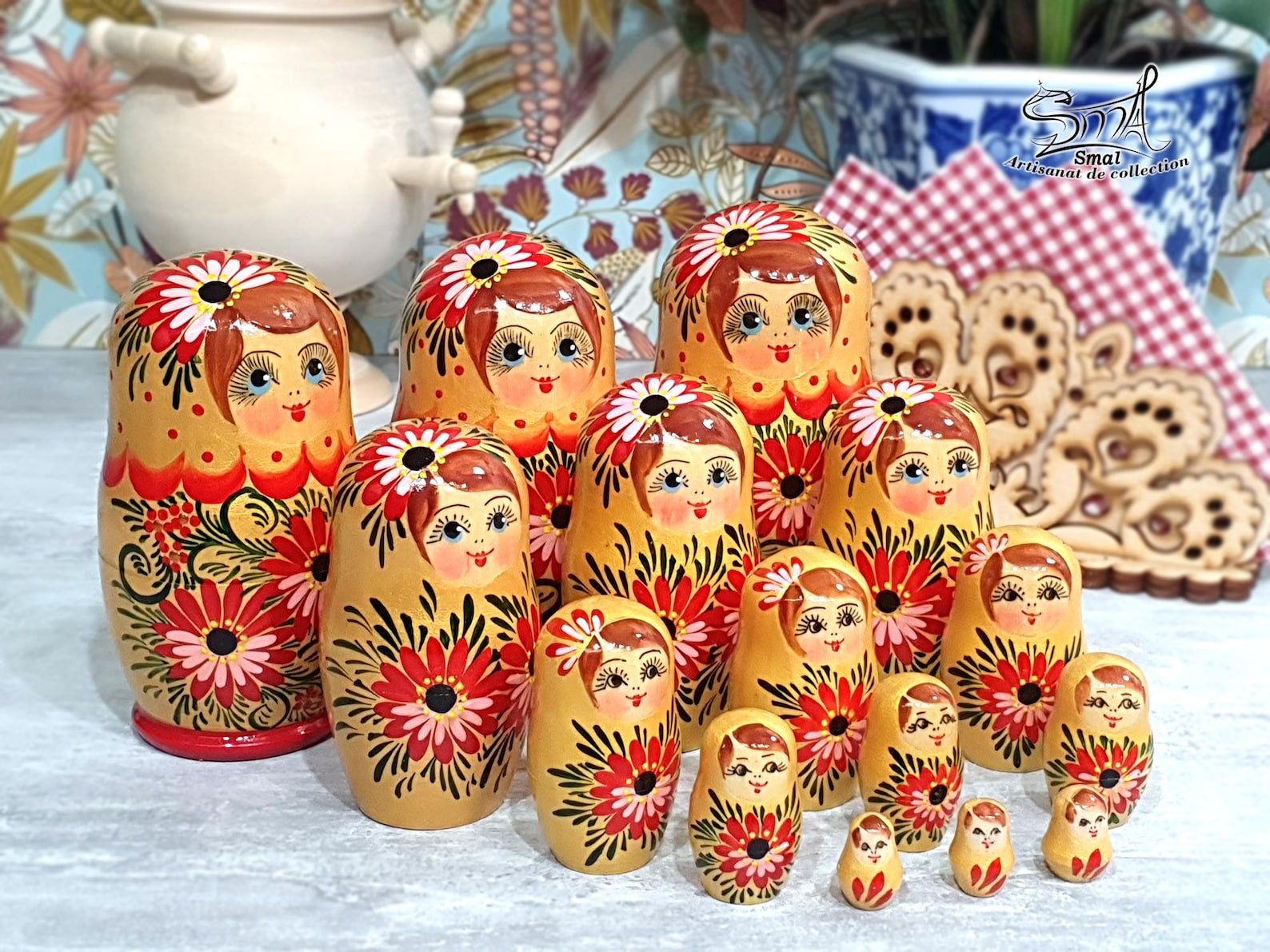 Gold Russian Nesting Dolls 5 Piece Set, Hand-painted Wooden Matryoshka ...