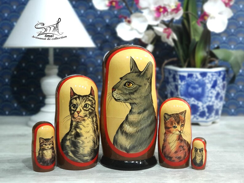 Handmade Cat Matryoshka, 5 Piece Russian Nesting Dolls, Hand-painted ...