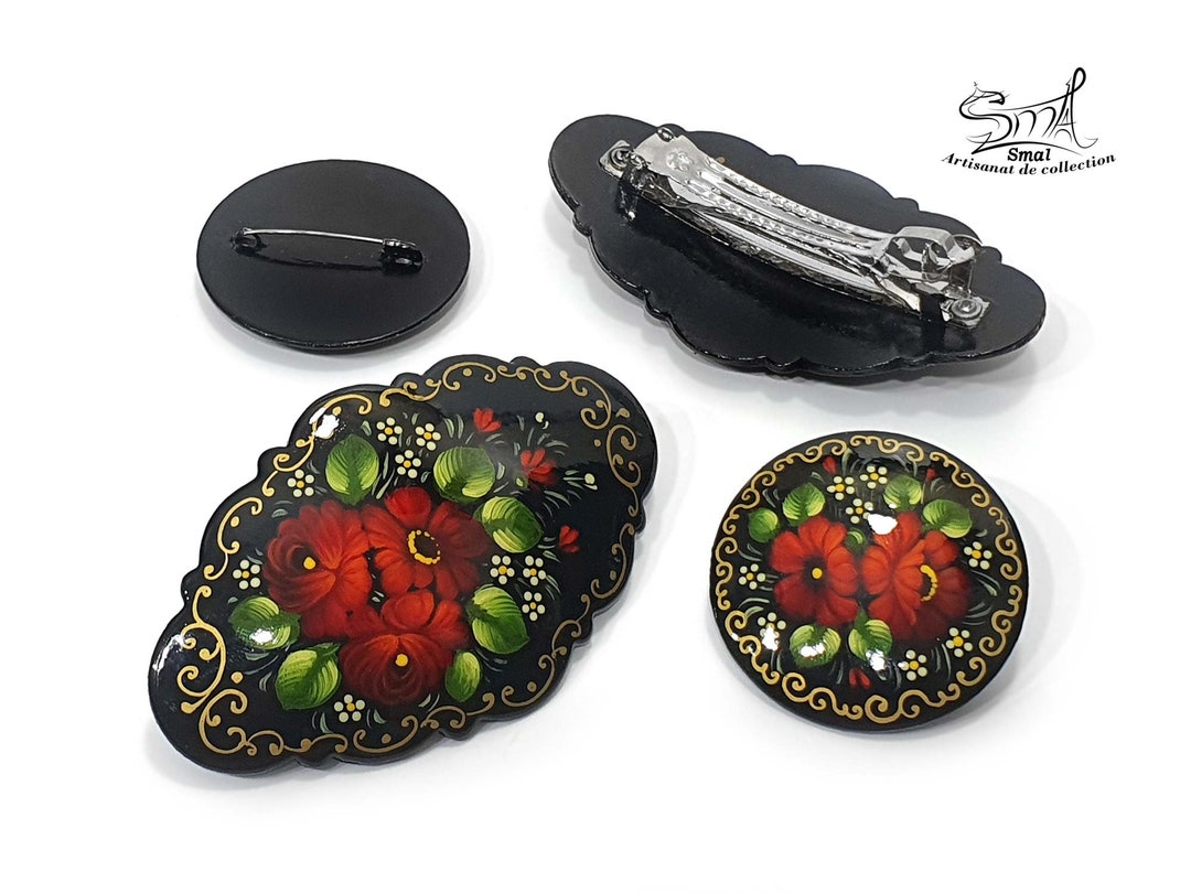 Barrette Clip Pin Hair Brooch Woman Russian Flowers Paint - Etsy