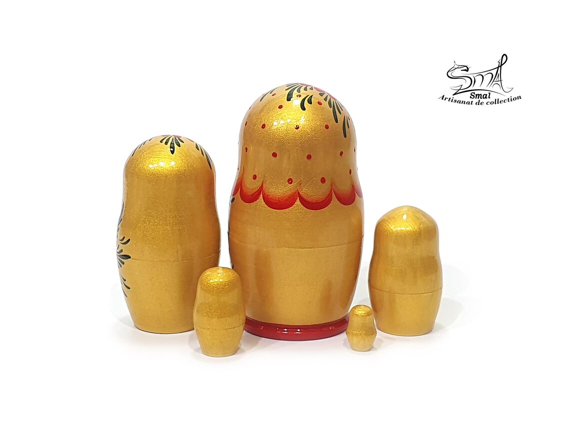 Gold Russian Nesting Dolls 5 Piece Set, Hand-painted Wooden Matryoshka ...
