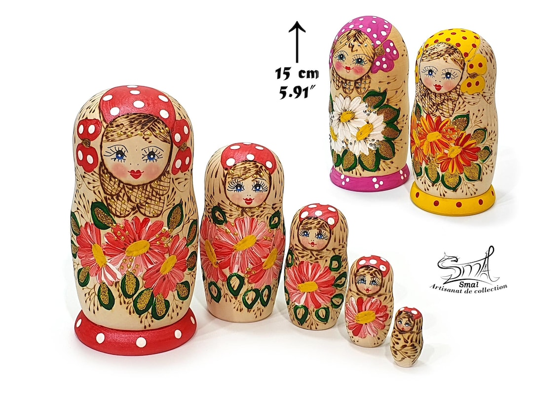 Wood Burned Matryoshka Russian Nesting Dolls Flowers. Matryoshka ...