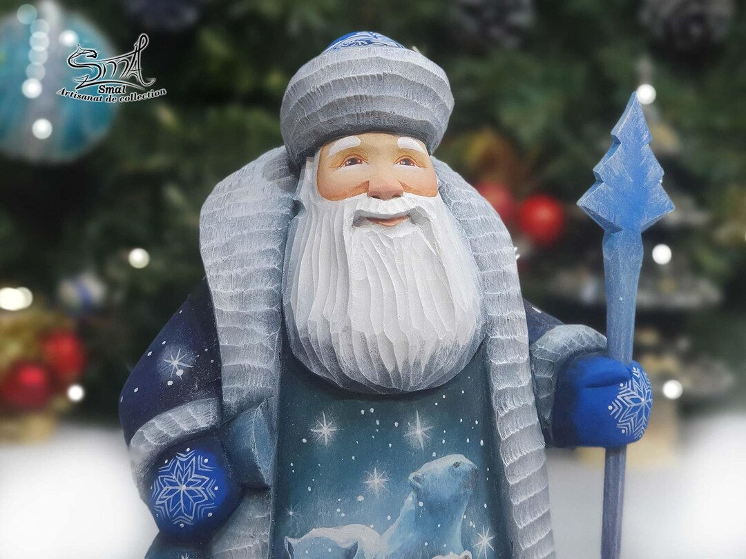 Hand-carved Wooden Santa Claus Saint Nicholas Figurine, Ded Moroz. Decorated With Polar Bears ...