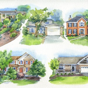 Multiple House Portrait Custom Large Size Watercolor House Portrait ...
