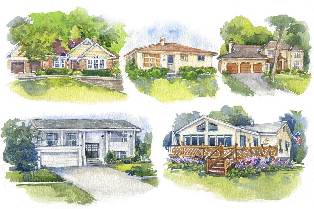Multiple House Portrait Custom Large Size Watercolor House Portrait ...