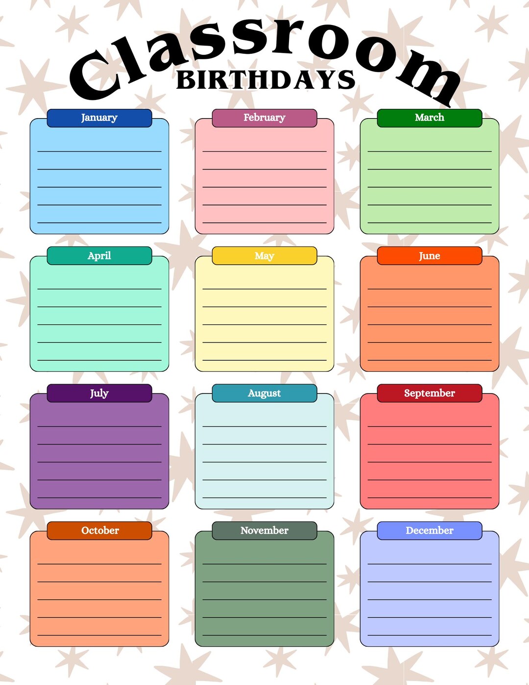 Classroom Birthday Templates (colored and B&w Option) - Etsy