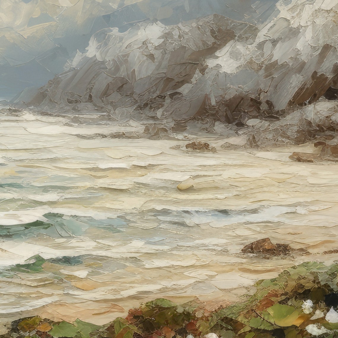 Serene Landscape Desktop Wallpaper of Beach and Cliffs in Palette Knife ...