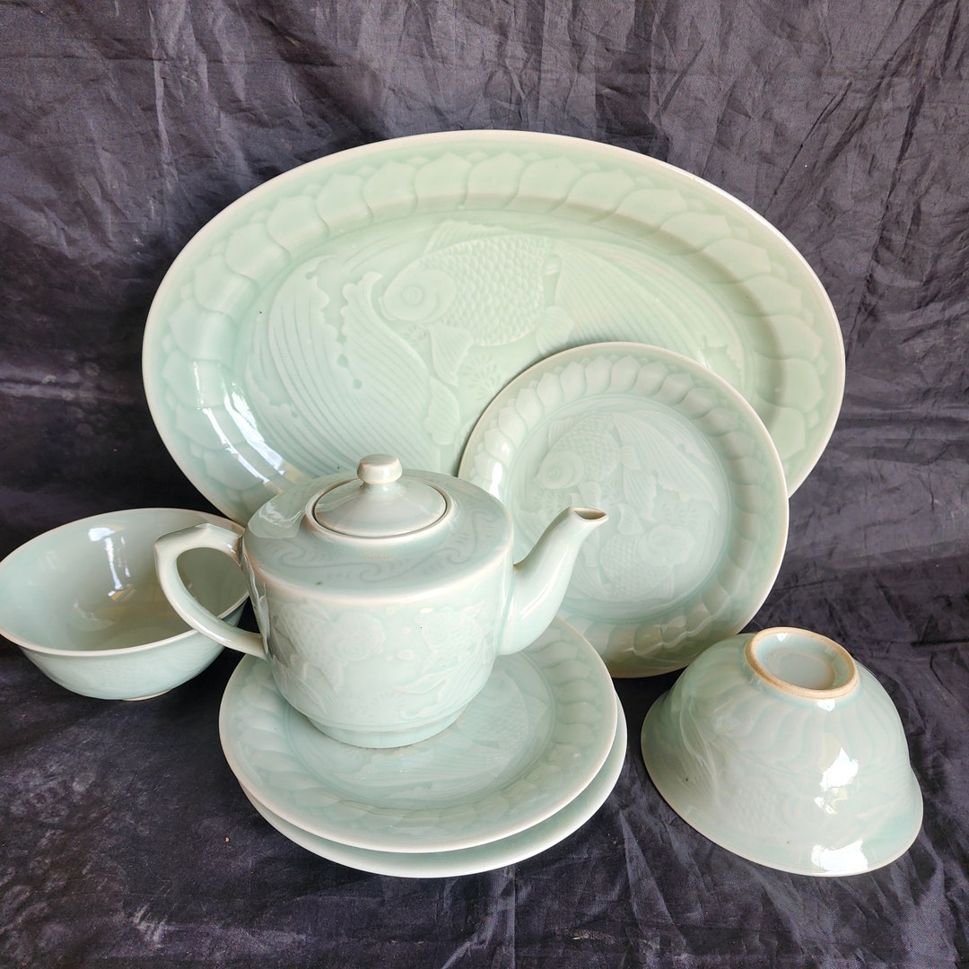 Celadon Green Gold Fish Serving Platter Plates Bowls Tea Pot Embossed ...