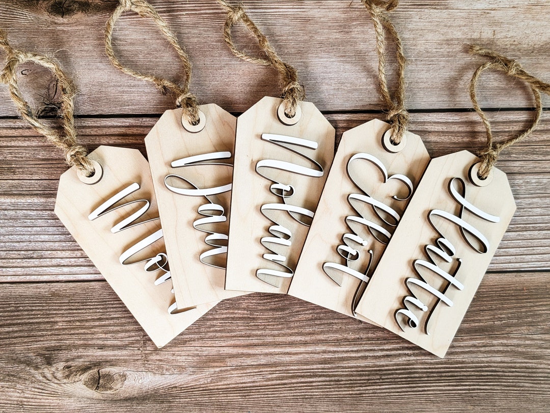 Cursive Stocking Name Tags, Light Wood, Natural Wood Stocking Tags ...