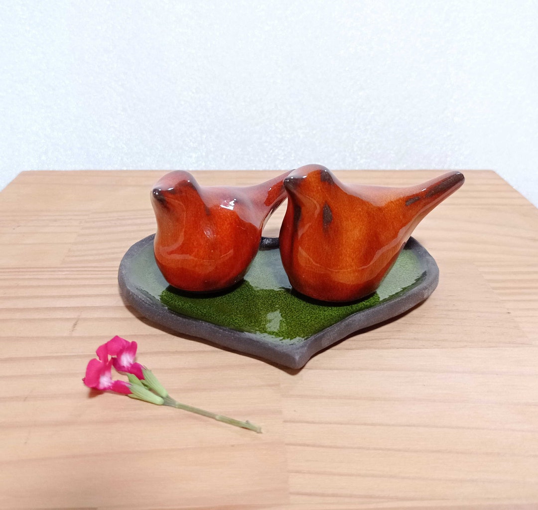 Two Sculpted Ceramic Birds on a Tray, Orange Birds, Pottery Bird, Birds ...