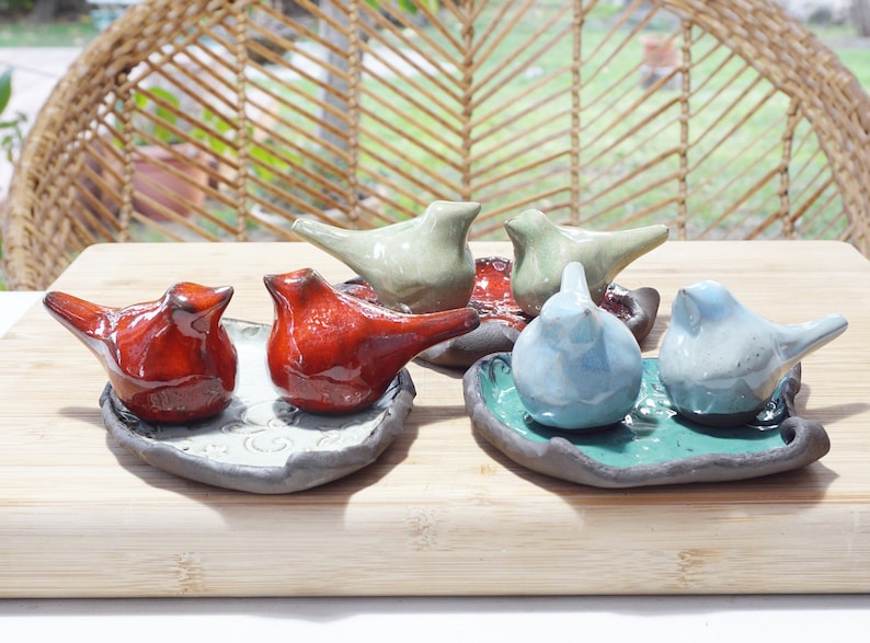 Two Sculpted Ceramic Birds on Tray Red Bird Pottery Bird | Etsy