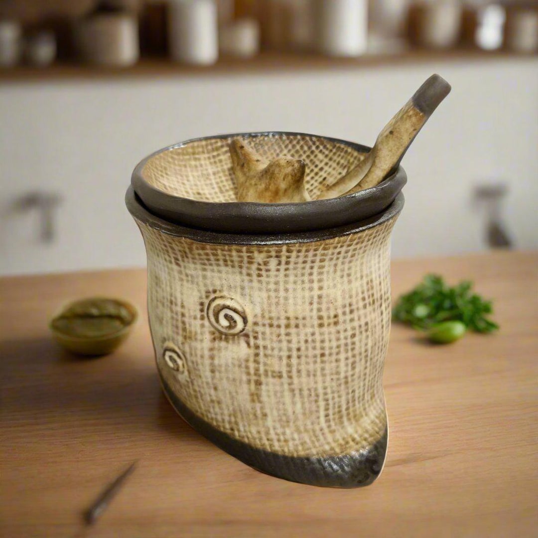 Handmade Pottery Salt Cellar: Cream Glaze, Jute Sack Design, Spoon ...