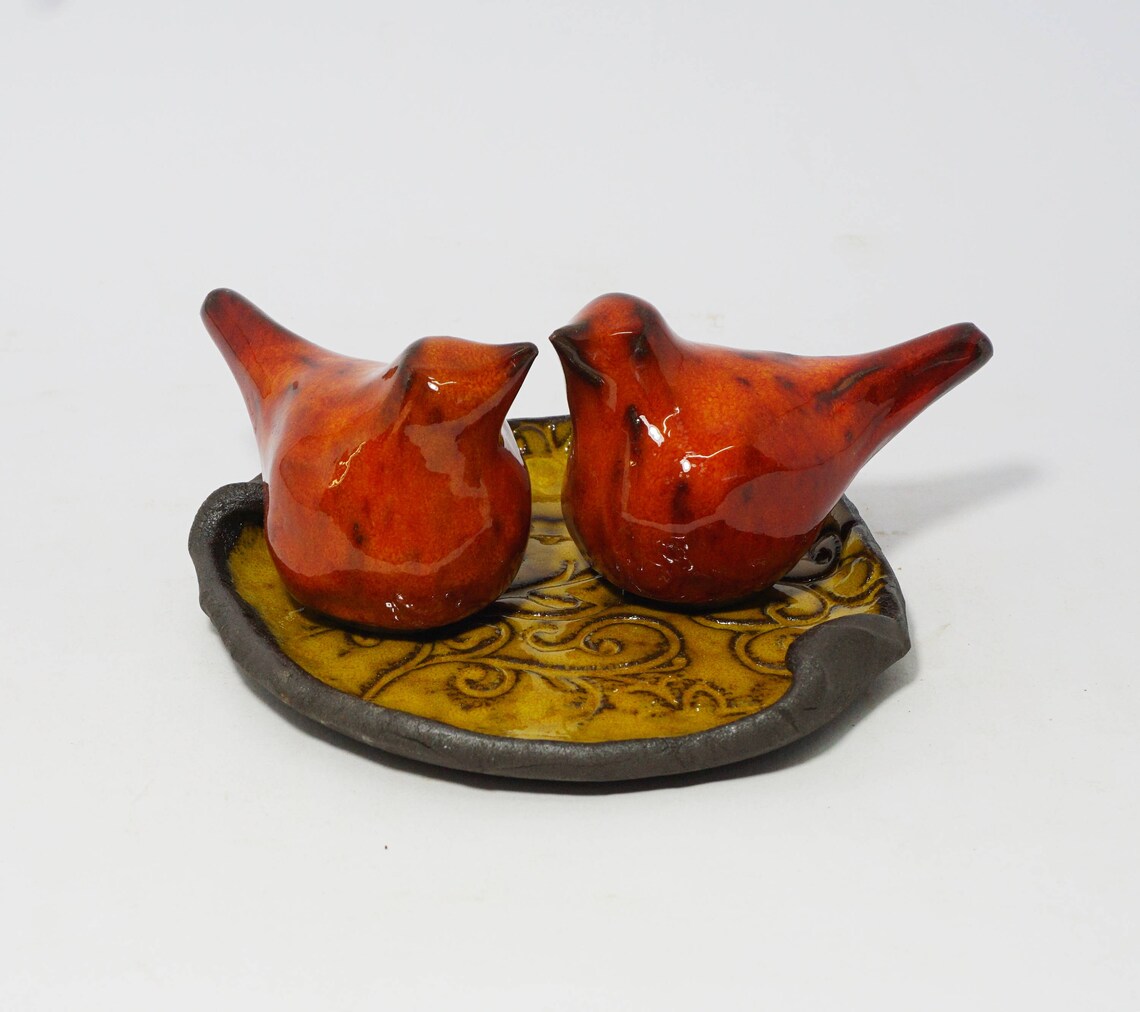 Two Sculpted Ceramic Birds on a Tray Orange Birds Pottery | Etsy