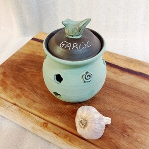 Ceramic Garlic Container, Pottery Hand Made Garlic Storage, Matte Blue ...