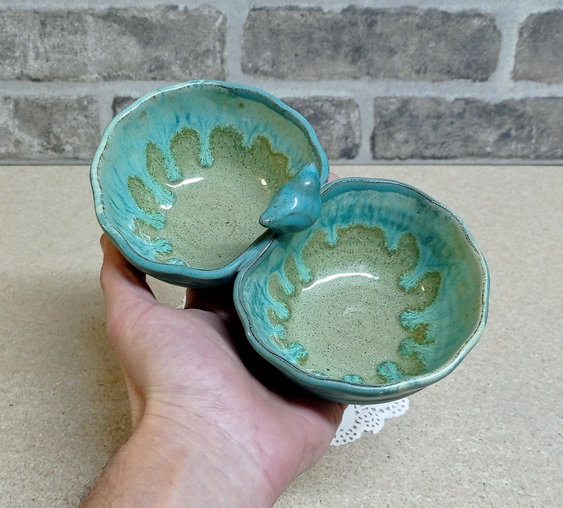 Ceramic Salsa Dip Turquoise Double Bowl Pottery Bird Bowls - Etsy