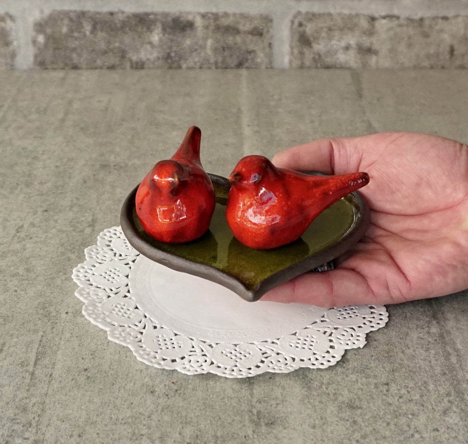 Two Sculpted Ceramic Birds on Tray Red Bird Pottery Bird - Etsy